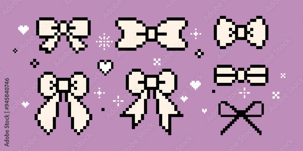 Bow knots, gift ribbons. Pixel art design elements. Abstract hair ...