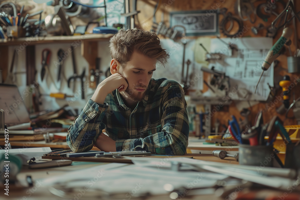 Young Inventor Concentrating on Complex Designs in Workshop Stock Photo ...