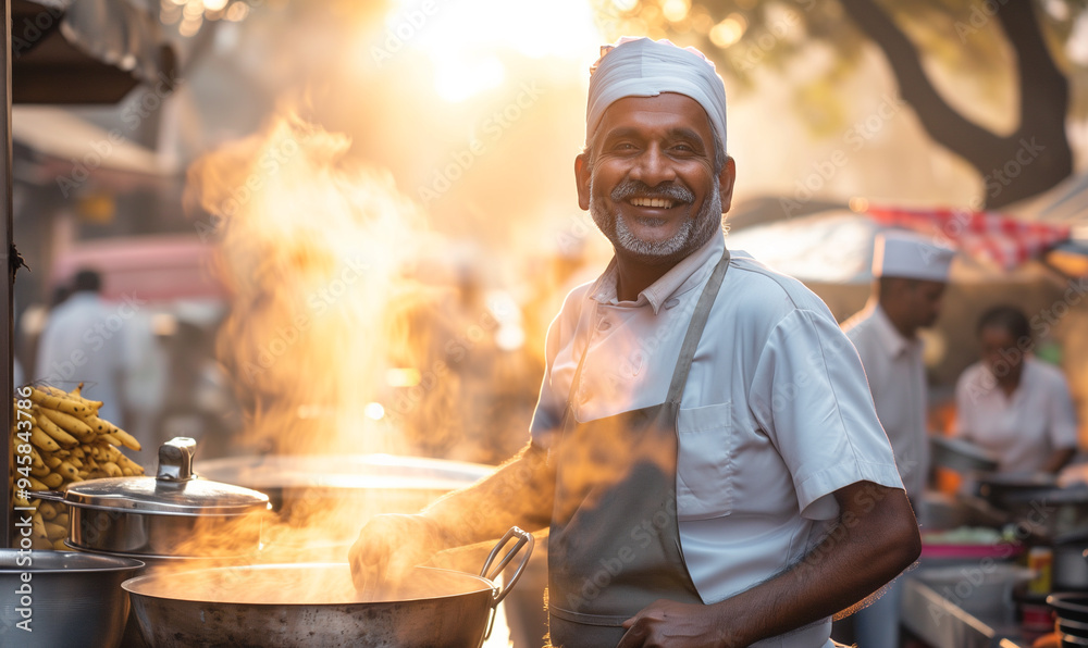 Indian Street food chef cooking in a frying pan with a high flameon ...