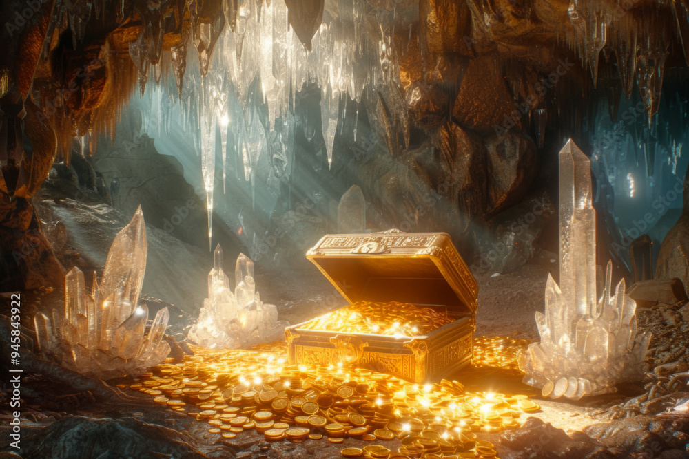 Glowing treasure chest filled with gold coins in mystical crystal cave ...