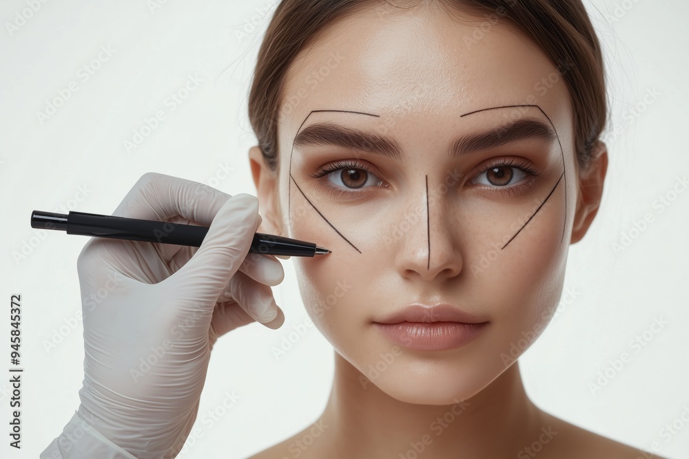 Woman's face with surgical markings. Cosmetic procedure preparation ...