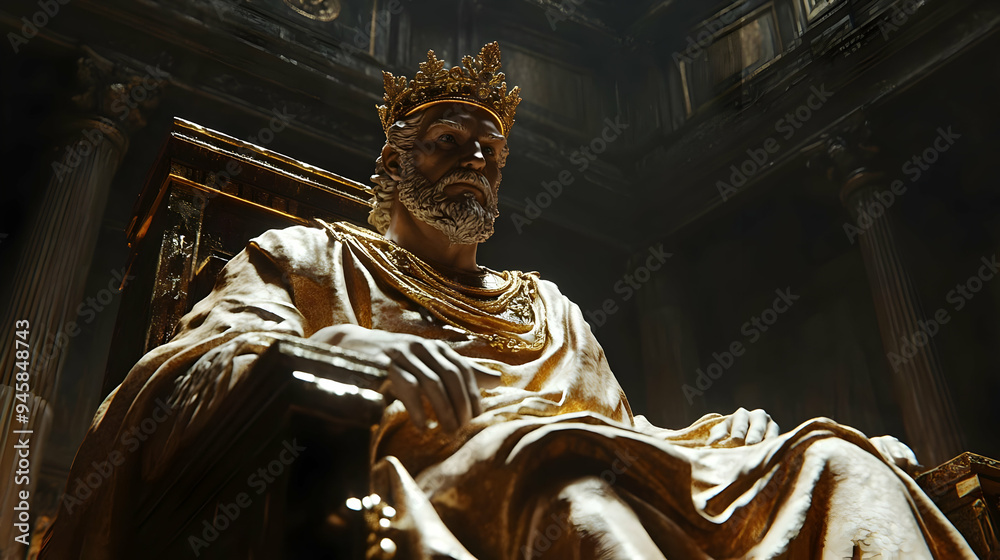 Golden Statue of a King Sitting on a Throne with a Crown on his Head in ...