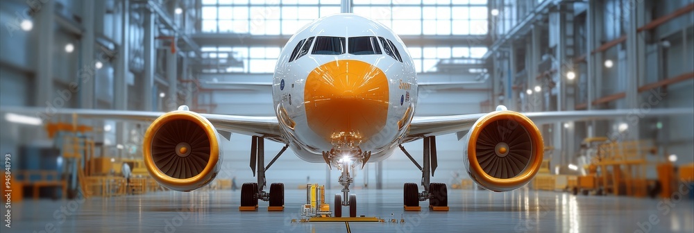 A close-up view of a newly manufactured airplane in a state-of-the-art ...