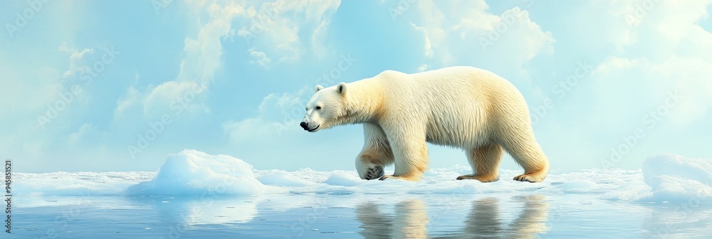 A lone polar bear walks across a shrinking ice floe in the Arctic ...