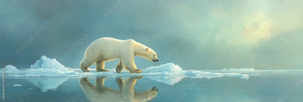 A lone polar bear walks on a shrinking ice floe, a powerful image of ...