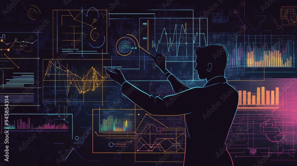A silhouette of a man pointing at a data visualization screen. The screen displays graphs ...