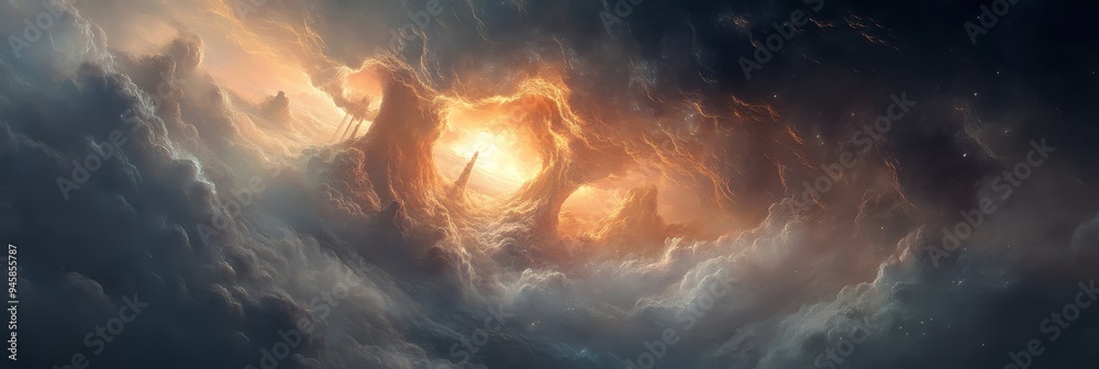 A surreal depiction of a glowing nebula, with abstract rock formations ...