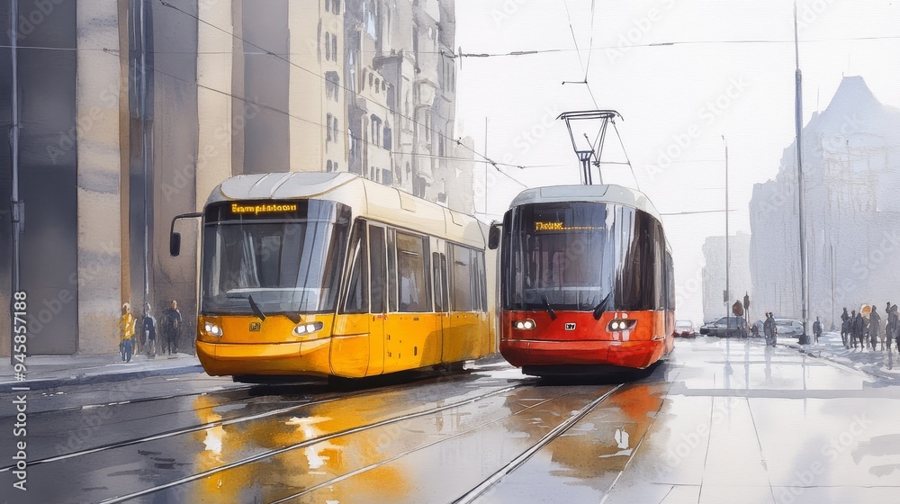 A watercolor painting depicting a cityscape with two trams on a street ...