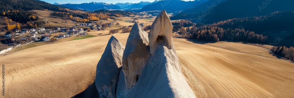 An aerial view of the unique Earth pyramids of Ritten, located near ...