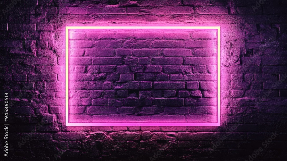Purple neon rectangle illuminating a brick wall, forming a glowing ...