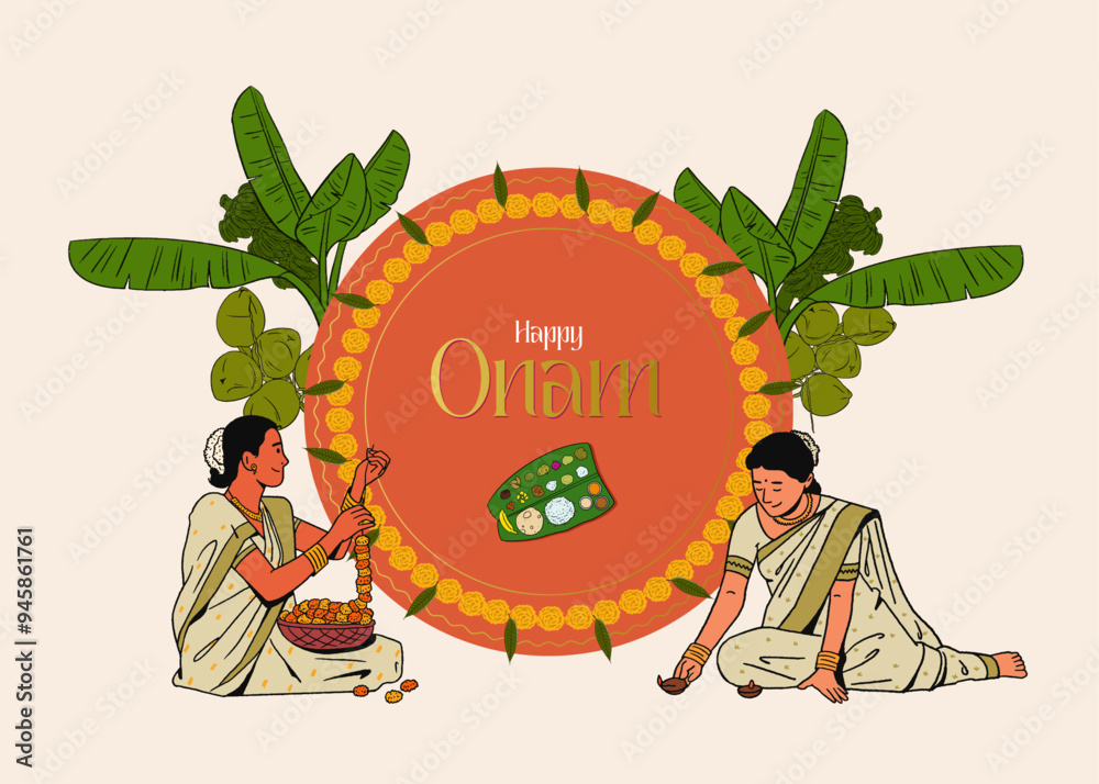 Happy Onam calligraphy with a South Indian woman in saree celebrating ...