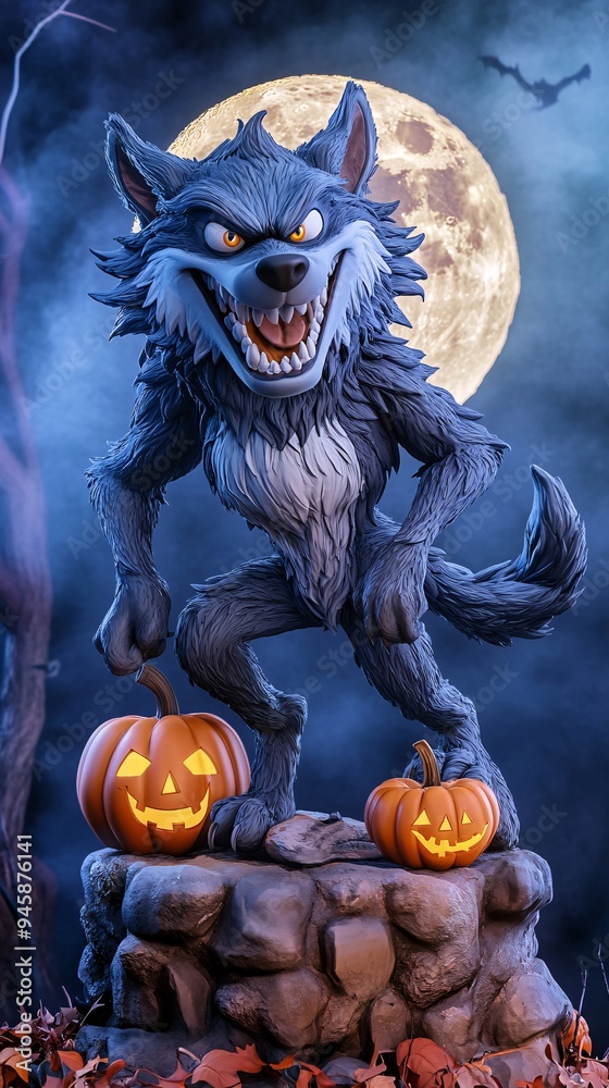 Cartoon werewolf statue howling at the moon with a playful grin and a ...