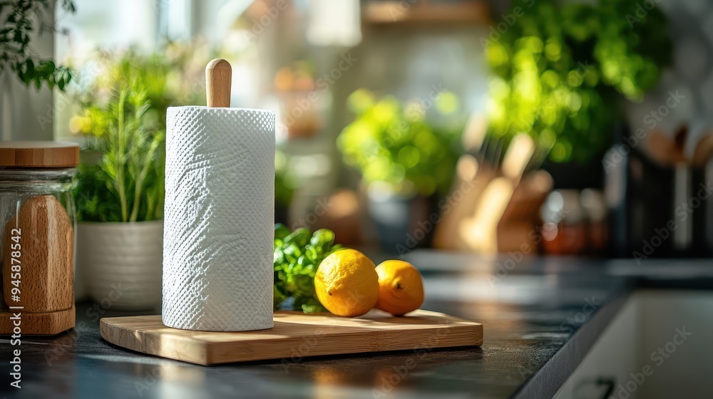 Paper towel holder on a kitchen counter, with a clean setup Stock Photo ...