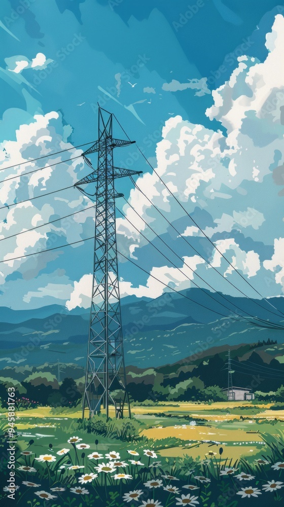The serene digital painting depicts a power transmission tower in a ...