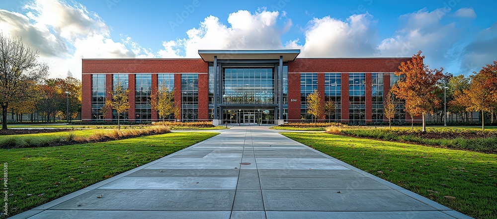 Exterior of a modern red brick high school building with large windows ...
