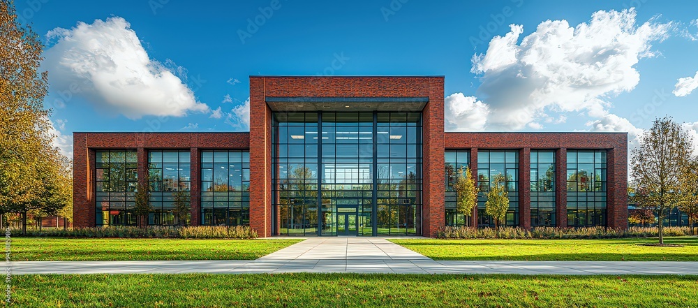 Exterior of a modern red brick high school building with large windows ...