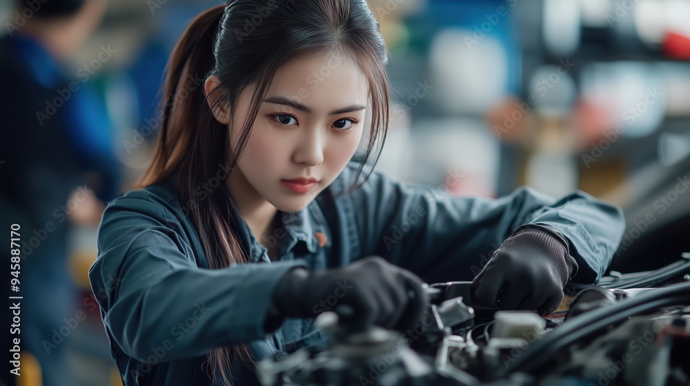 Asian Female Mechanic Adjusting Engine Parts in Workshop. Asian female ...