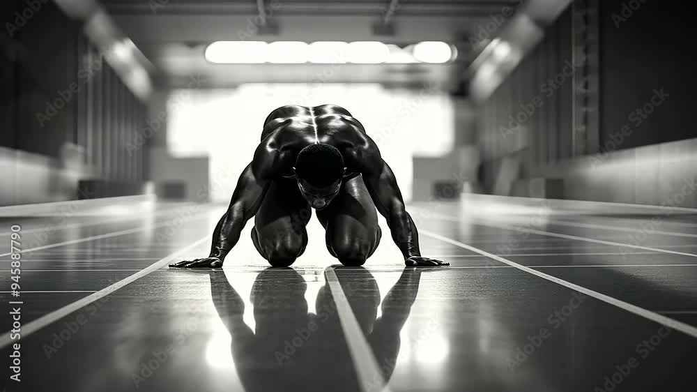 A sprinter crouches in the starting blocks, spikes digging into the ...