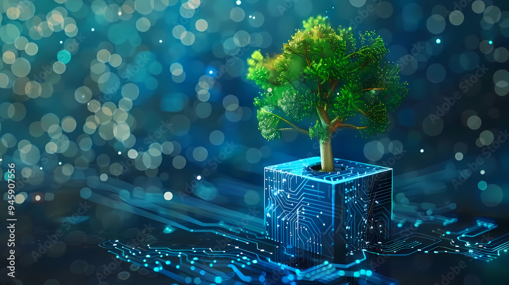 Green tree growing from circuit board illustrating the concept of ...