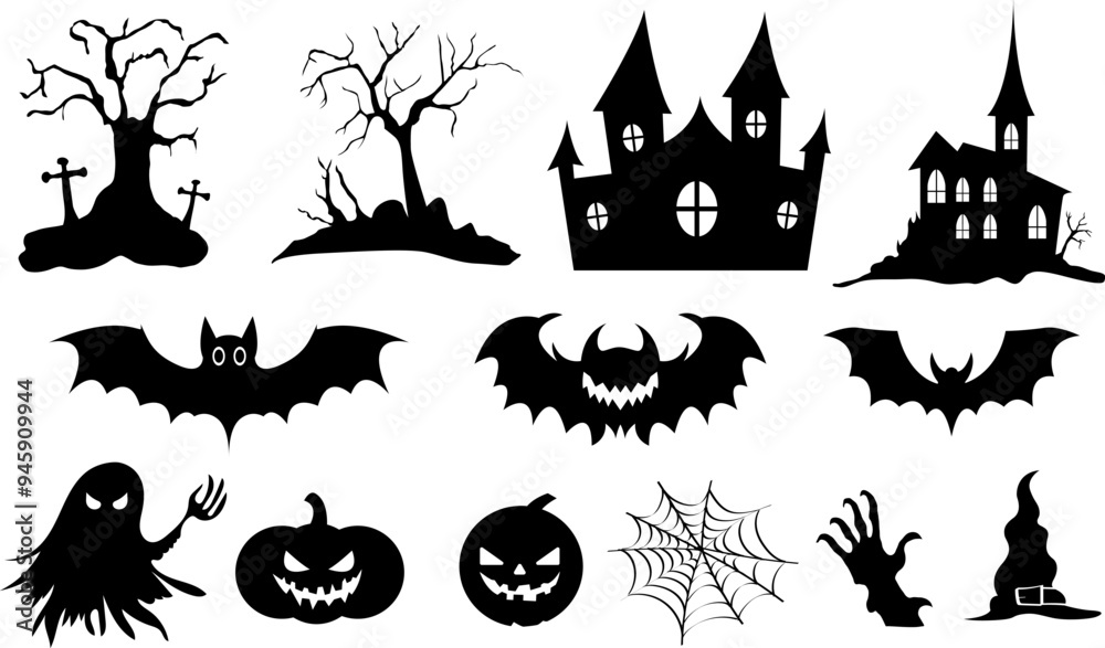 Large set of Halloween themed silhouettes. Hand drawn Halloween themed ...