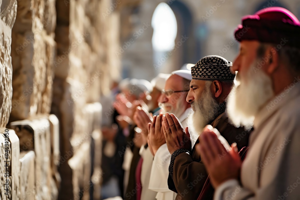 Devout worshipers praying at Western Wall during Yom Kippur holiest day ...