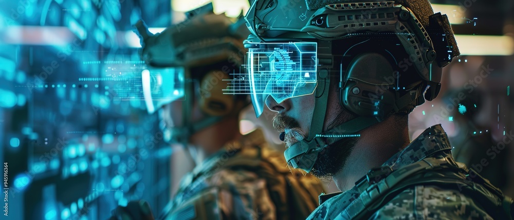 Soldiers overlay real-time tactical data onto their surroundings. Stock ...