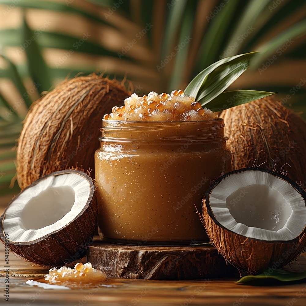 Natural body scrub products photo shoot with coconut shells, realistic ...