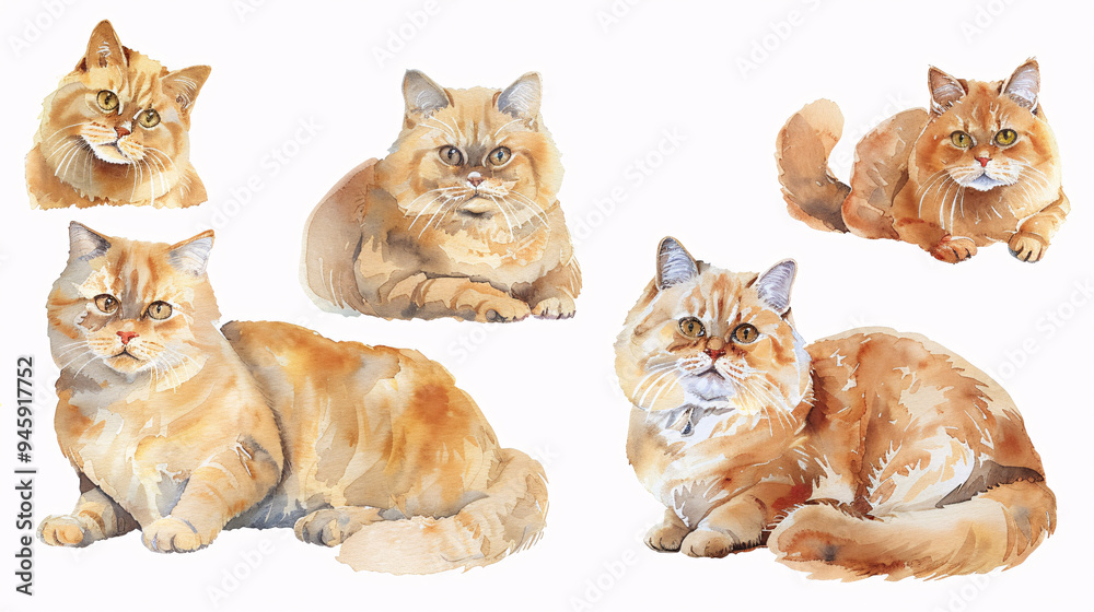 set of watercolor cats illustrations, cat illustration, positions, png ...
