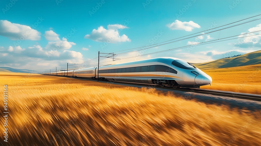 Sleek high-speed train zooming through golden wheat fields, vibrant ...