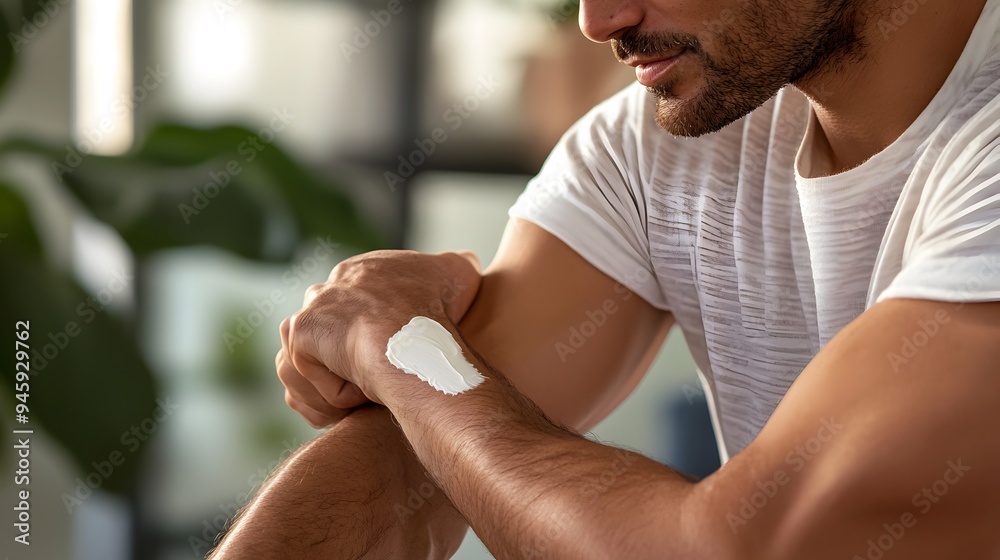 Person Applying Muscle Relief Cream with Focused Expression for Topical ...