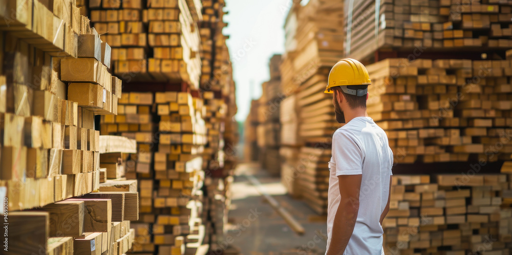 Construction worker inspecting lumber at a timber yard. A construction ...