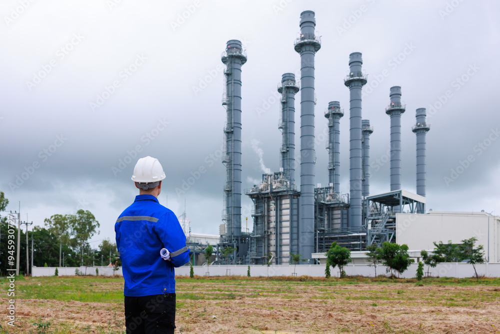Engineer wearing blue uniform and helmet stand with your back workplace ...