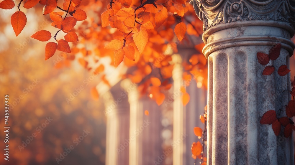 Autumn Orange Leaves with Greek Pillars in Fantasy Background - Hyper ...