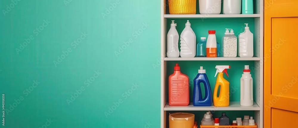 A clean and orderly storage cabinet with disinfectants and food safe ...