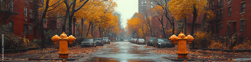 Quiet Urban Street in Autumn Featuring Orange Fire Hydrants and Yellow ...