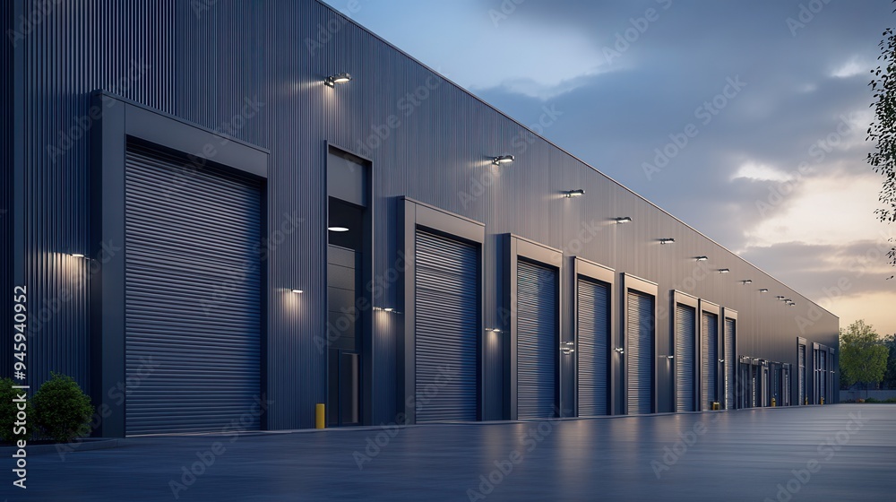 Modern Warehouse Exterior with Gray Steel Walls and Large Garage Doors ...