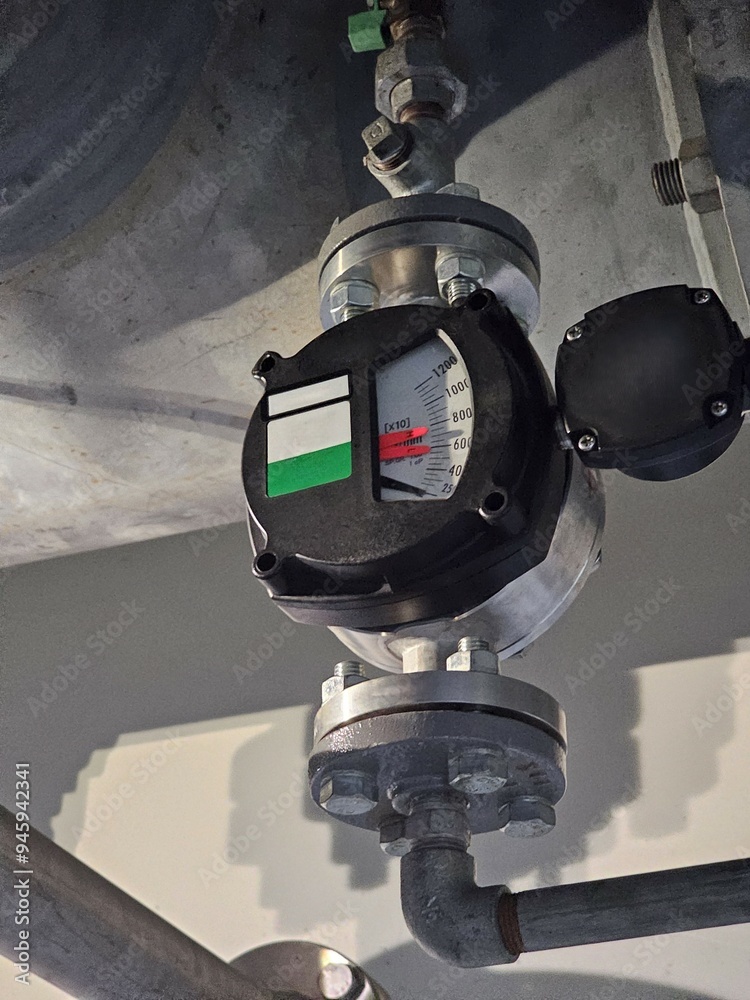 A close-up of an industrial flowmeter installed on a pipe. The meter ...