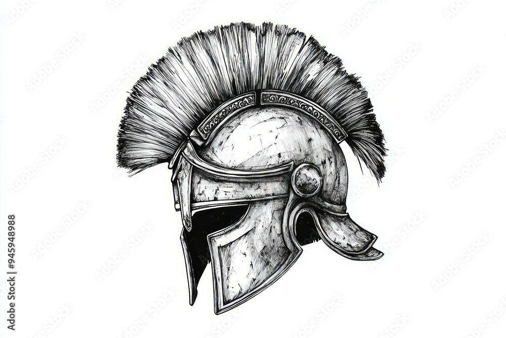 Pencil drawing spartan helmet on white background black and white ...