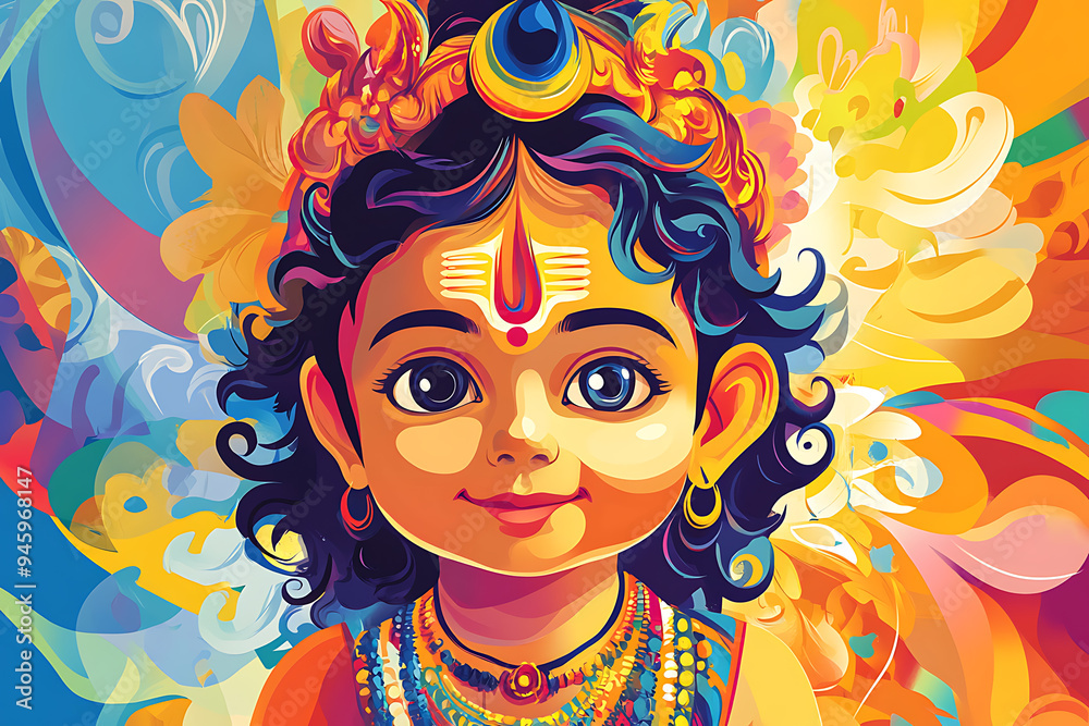 A vibrant cartoon illustration of Lord Shiva's child, beautifully ...