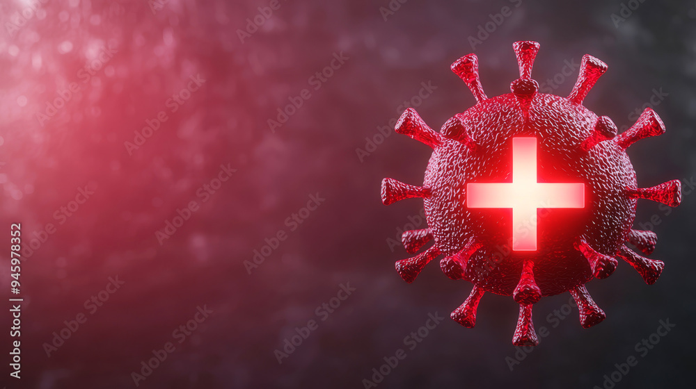 Red virus symbol with a medical cross, representing health and safety ...