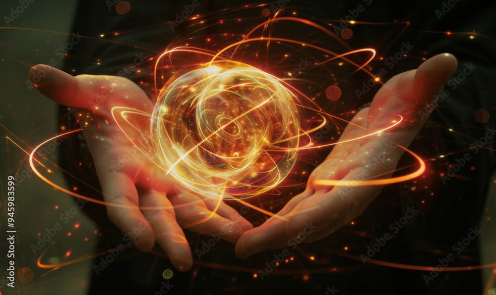 Ethereal depiction of quantum energy emanating from outstretched hands ...
