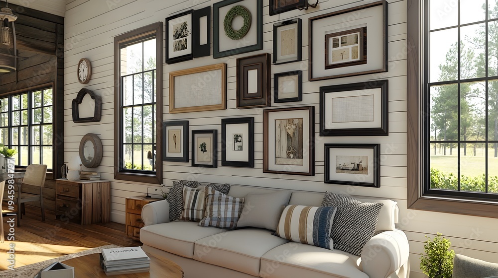 Foto de Assorted Frames Clustered on Rustic Shiplap Wall in Open Concept Farmhouse Living Area ...