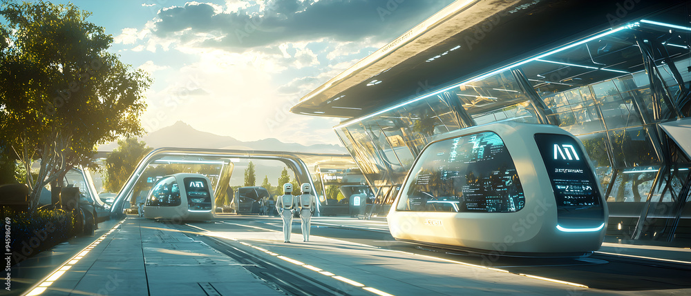 A high-tech land transportation hub, featuring AI-driven autonomous ...