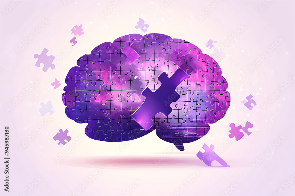 Purple Human brain consists of puzzle pieces. symbol of fight against ...