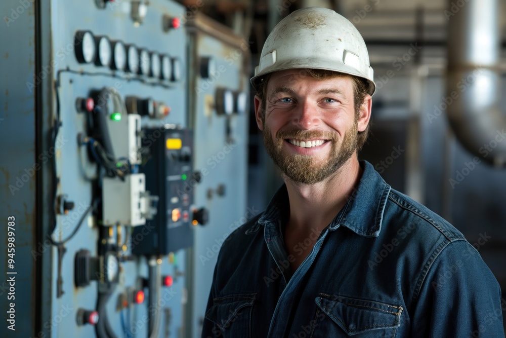 Confident electrician in industrial setting wearing white hard, blue ...