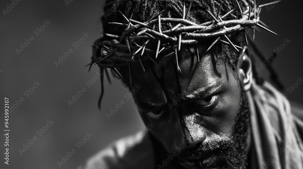 Black Jesus Christ portrait with crown of thorns on his head in ...