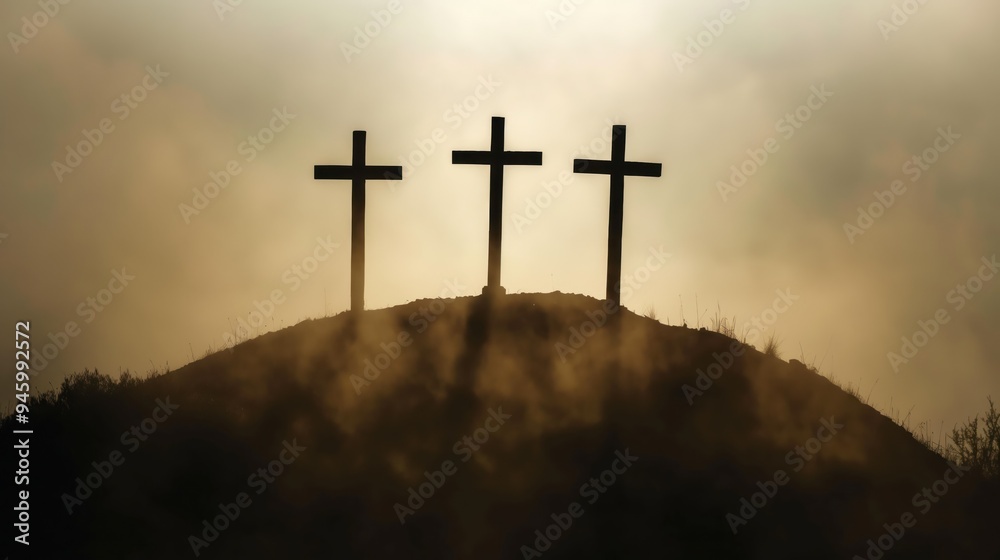 Three crosses on a hill in misty landscape. Symbolic representation of ...