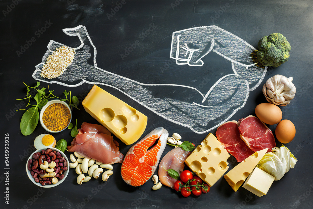 High-protein foods including salmon, eggs, and cheese arranged around a ...