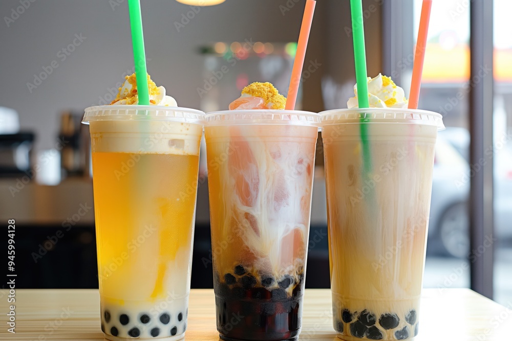 Colorful boba tea drinks in clear plastic cups on wooden table. Vibrant ...