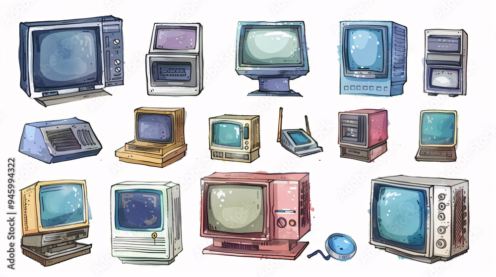 set of old computer devices and monitors, vintage, tech elements ...